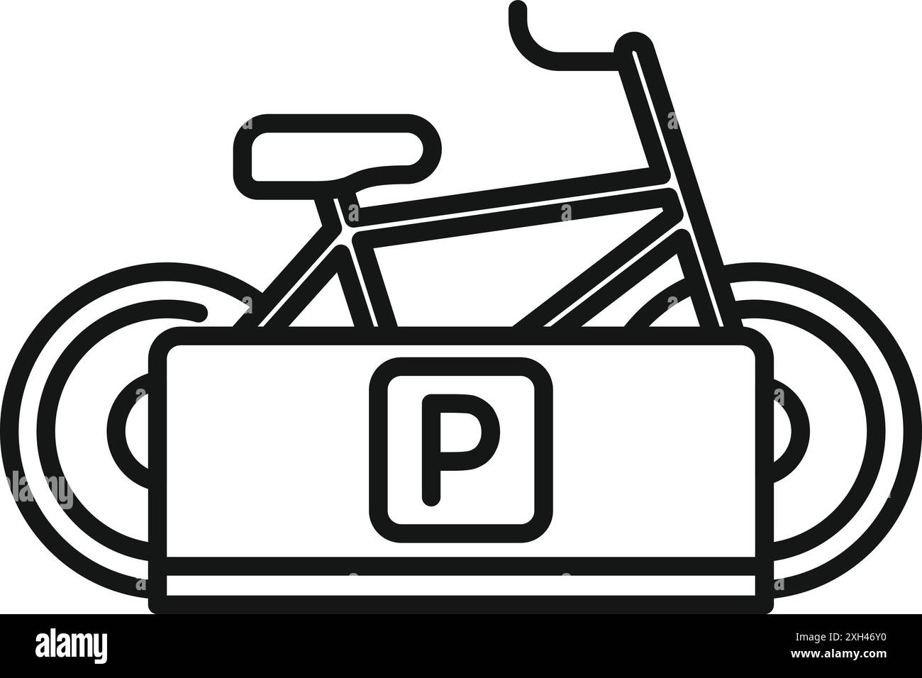 Simple line icon of a bicycle parked in front of a parking sign ...