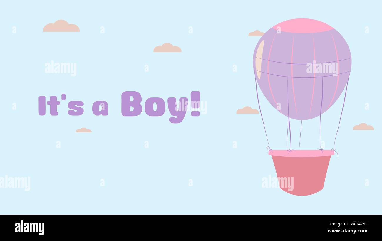 Gender party banner postcard boy or girl. Balloon in sky. Baby shower ...