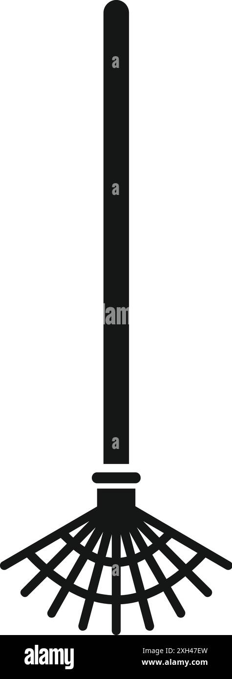 Black silhouette of a garden rake standing with its long wooden handle ...