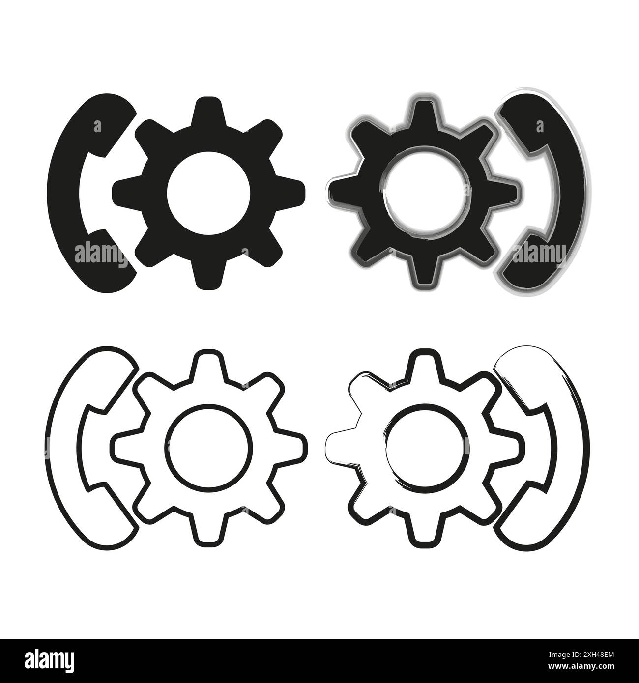 Customer support icons. Phone and gear symbols. Black and white design ...