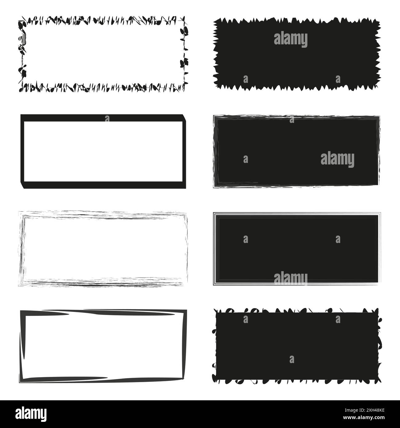 Distressed rectangular frames. Black and white borders. Rough textured edges. Vector ...