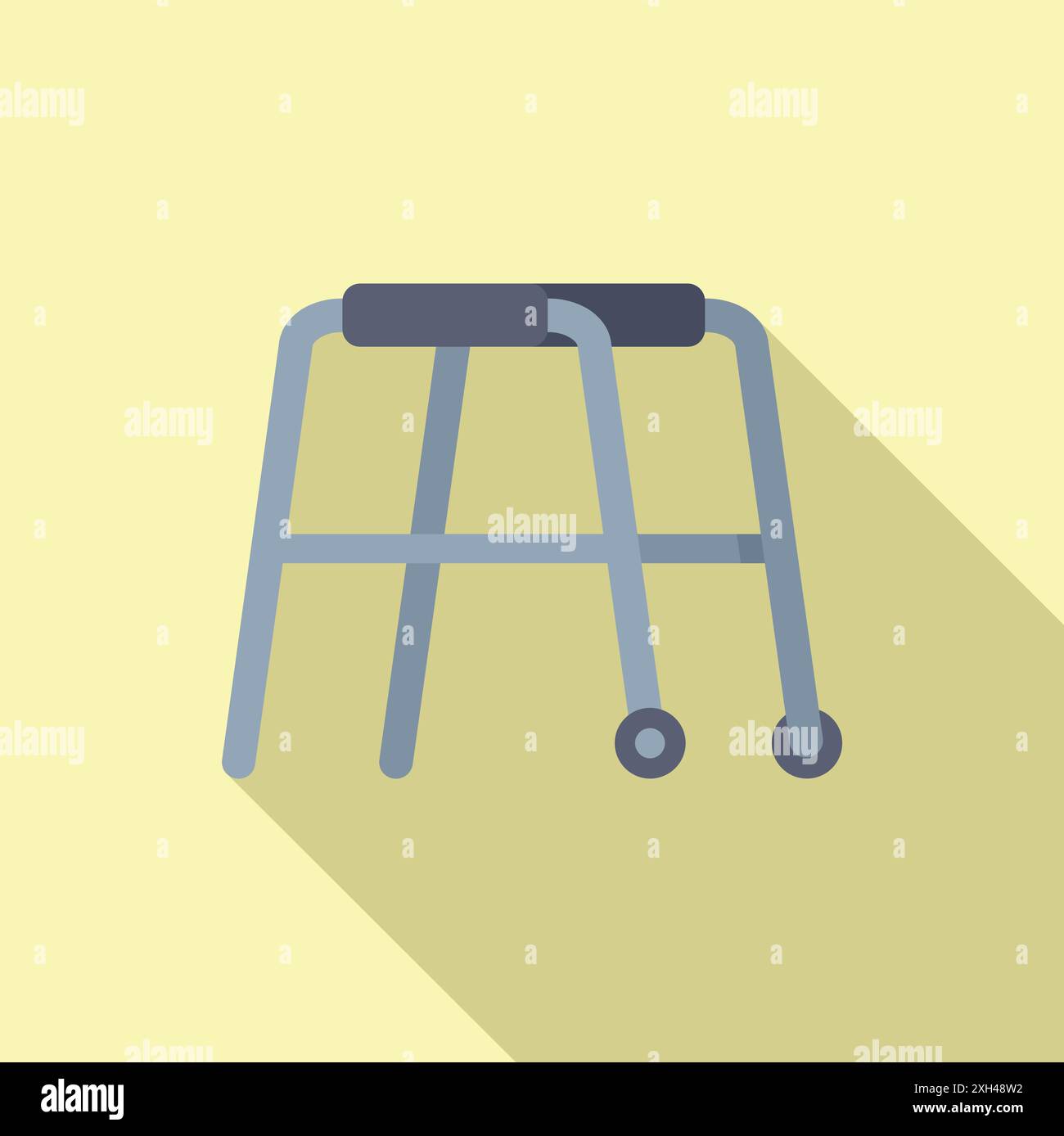 Simple metal walker with four wheels is standing ready to assist a ...