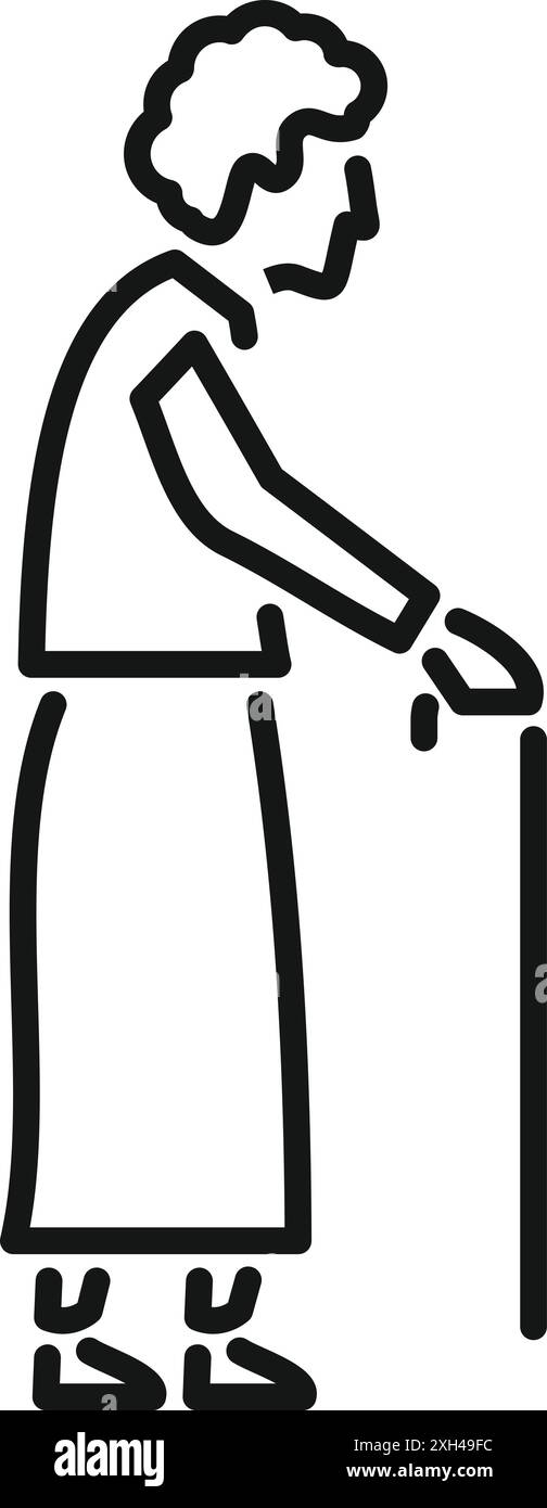 Simple line drawing of an elderly woman using a cane for support Stock ...