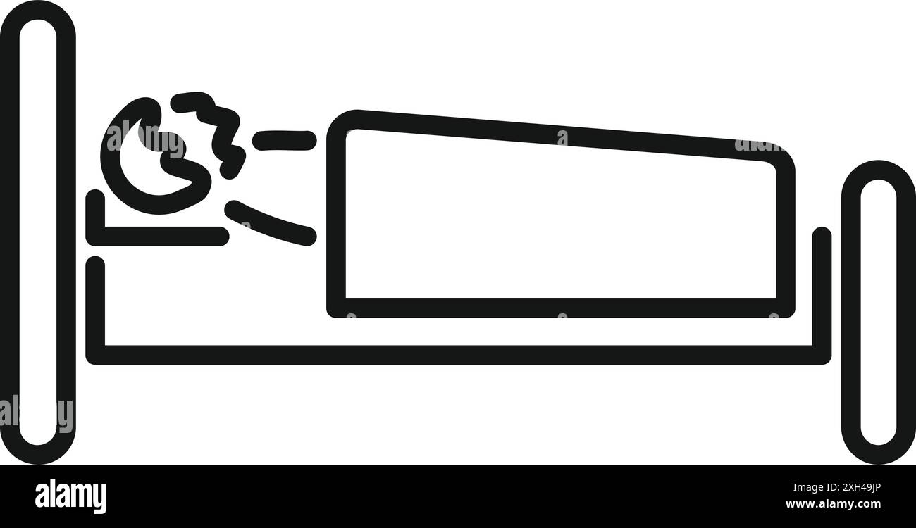 Simple line icon of a sick person sleeping in bed, showing symptoms of ...