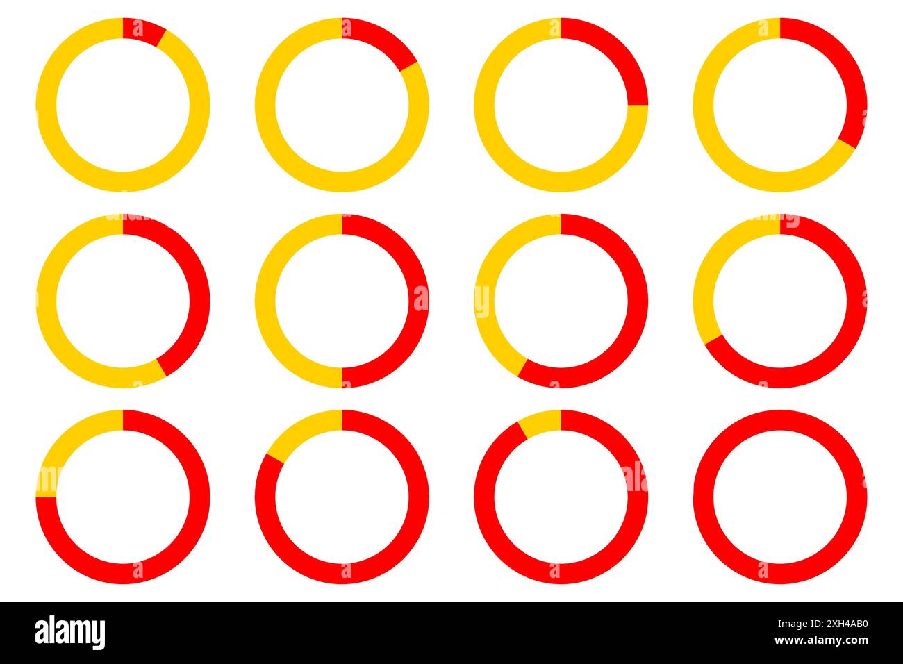 Set of circular progress bars in red and yellow. Different stages of progress shown in vector ...