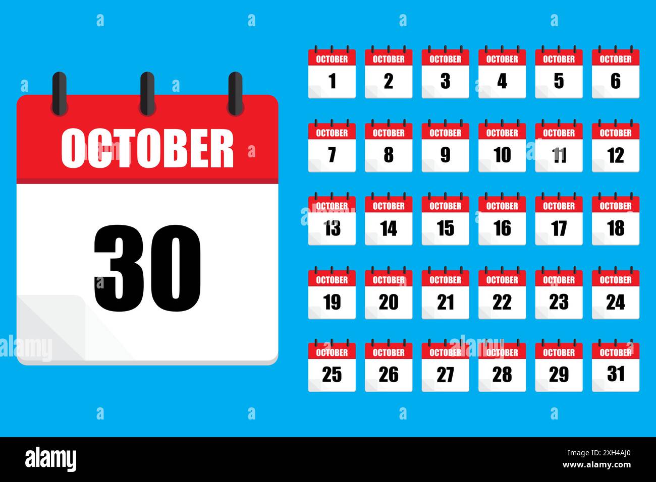 October calendar layout. Numbered dates. Vector icons. Blue background ...