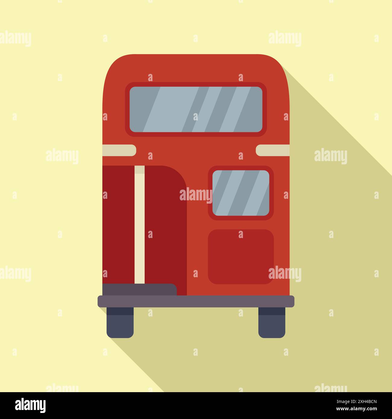 Red double decker bus driving on the left side of the road, back view ...