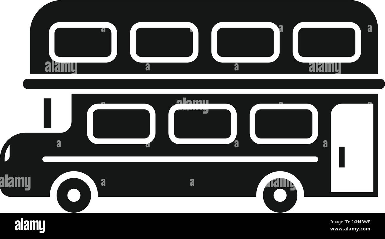 Simple black and white icon of a london double decker bus, representing tourism and ...