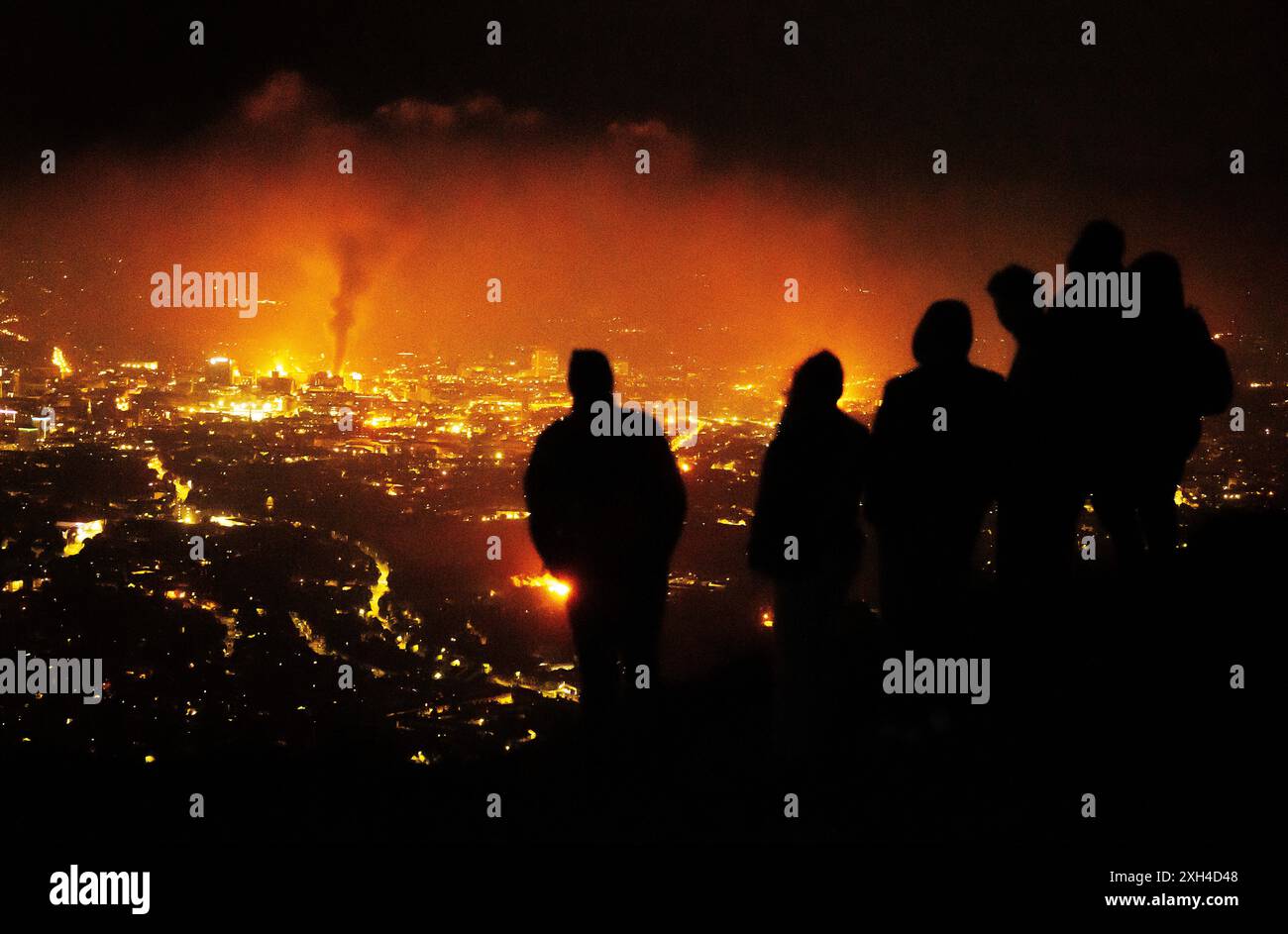A view from Cavehill overlooking Belfast city of loyalist bonfires ...