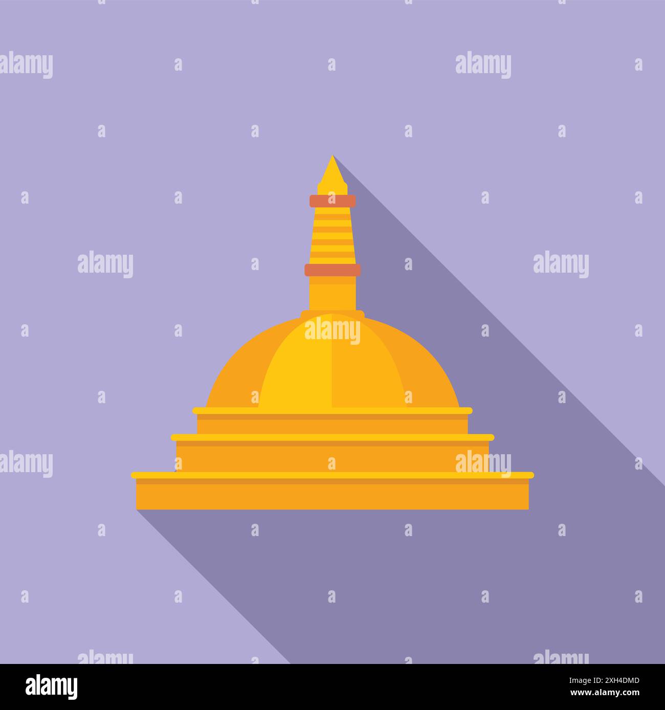 Buddhist stupa with a golden dome and spire, casting a long shadow on a ...