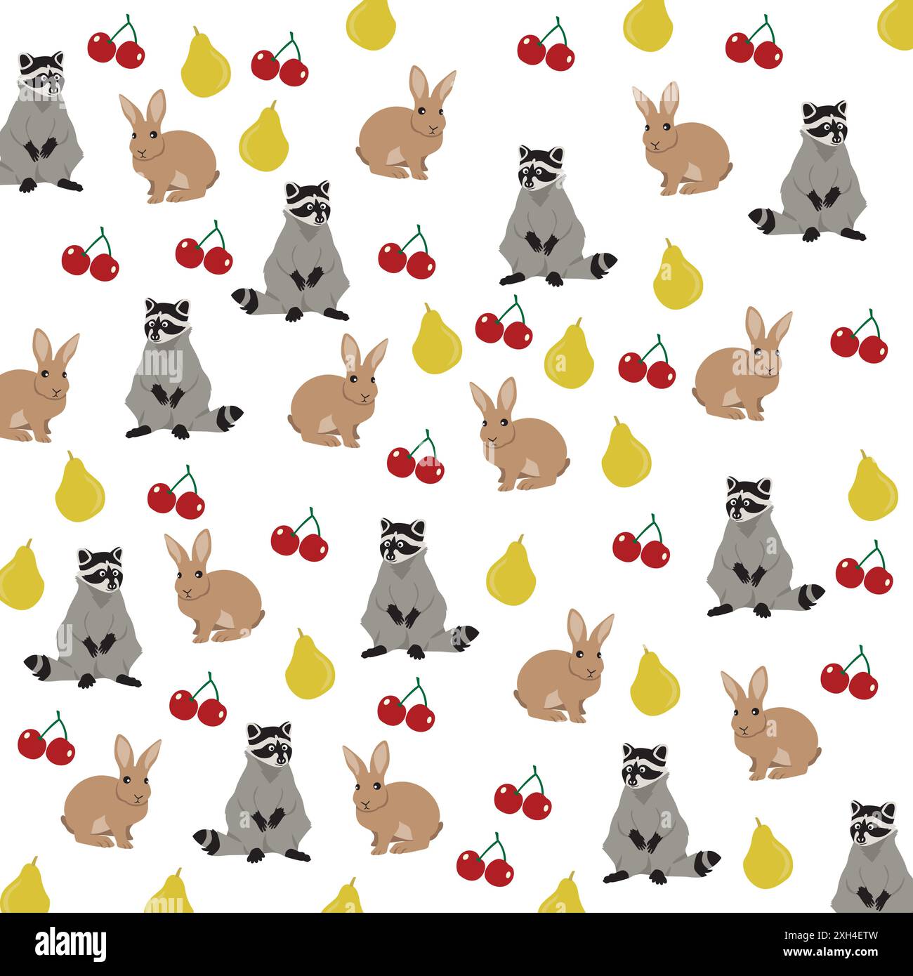 cute rabbit, raccoon with cherry and pear as a pattern background Stock ...