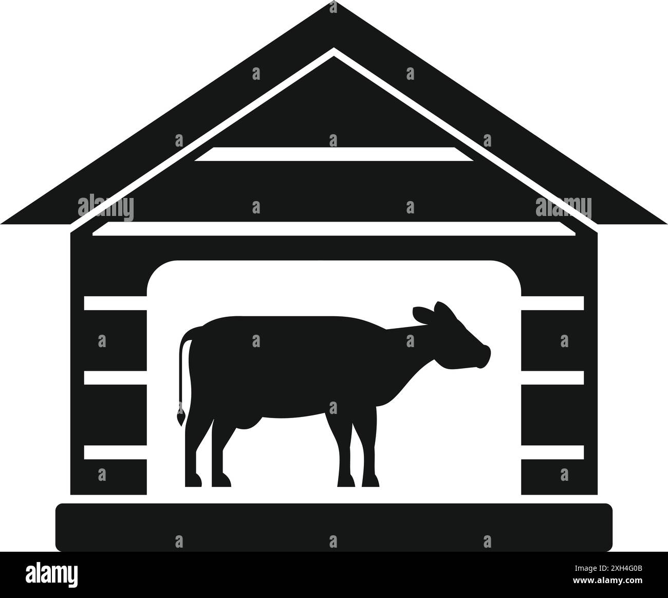 Simple black and white icon of a cow standing in a farm building for ...