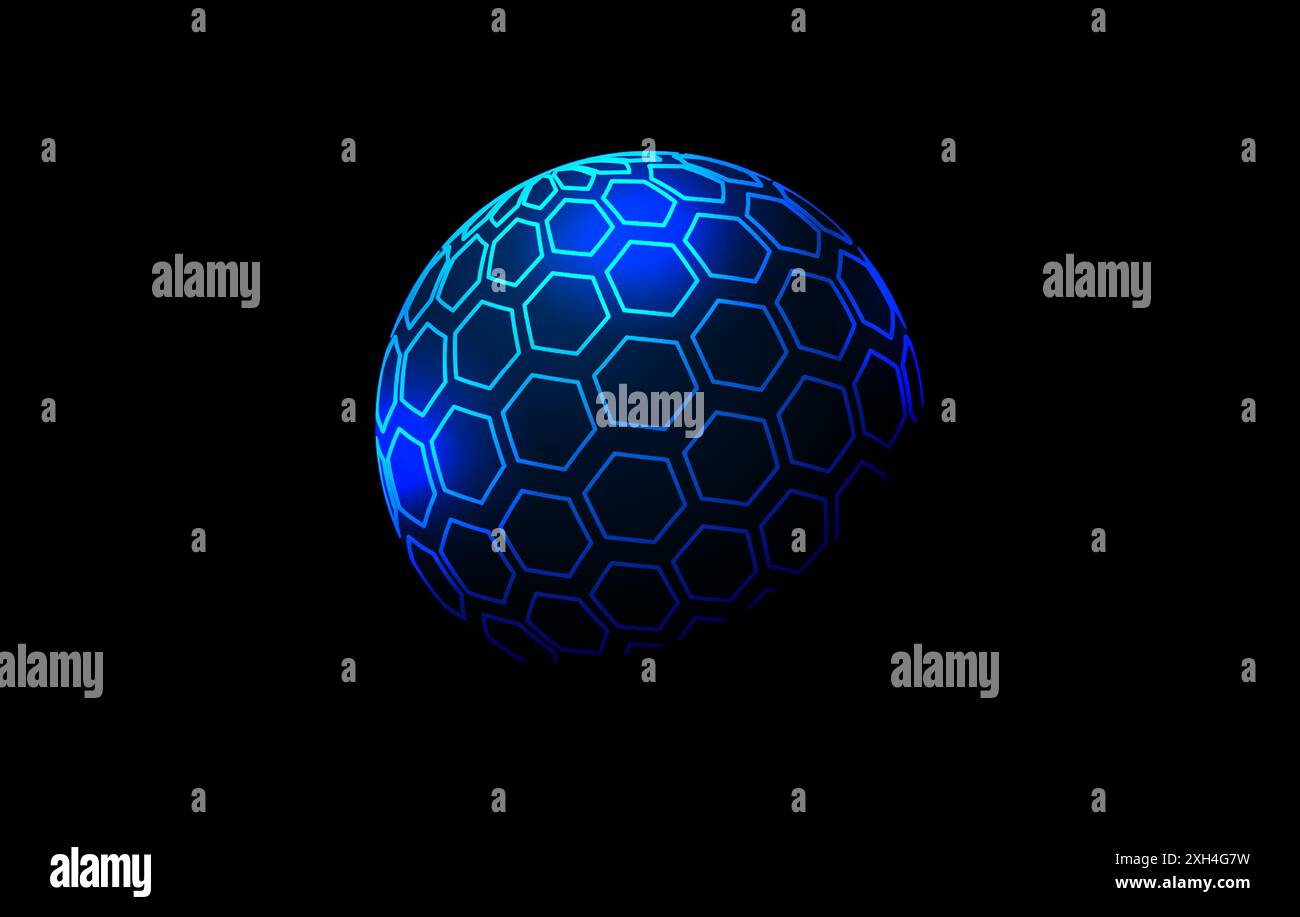 Blue neon hexagon pattern sphere. 3d halftone hemisphere concept. Grid globe futuristic element ...
