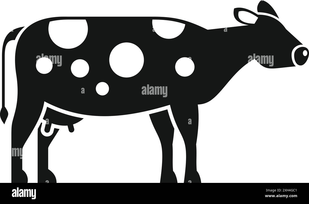 Black and white silhouette of a spotted dairy cow standing in side view ...