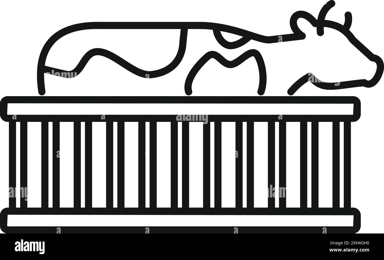 Line drawing of a spotted cow lying down on a fence in a farm Stock ...