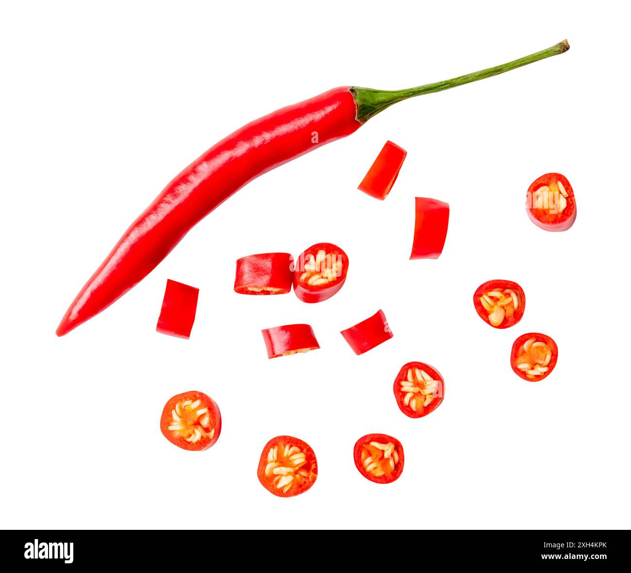 Top view set of red chili peppers or cayenne peppers with small slices ...