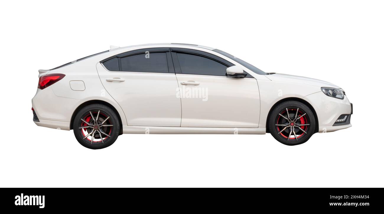 Side view of white sedan car is isolated on white background with ...