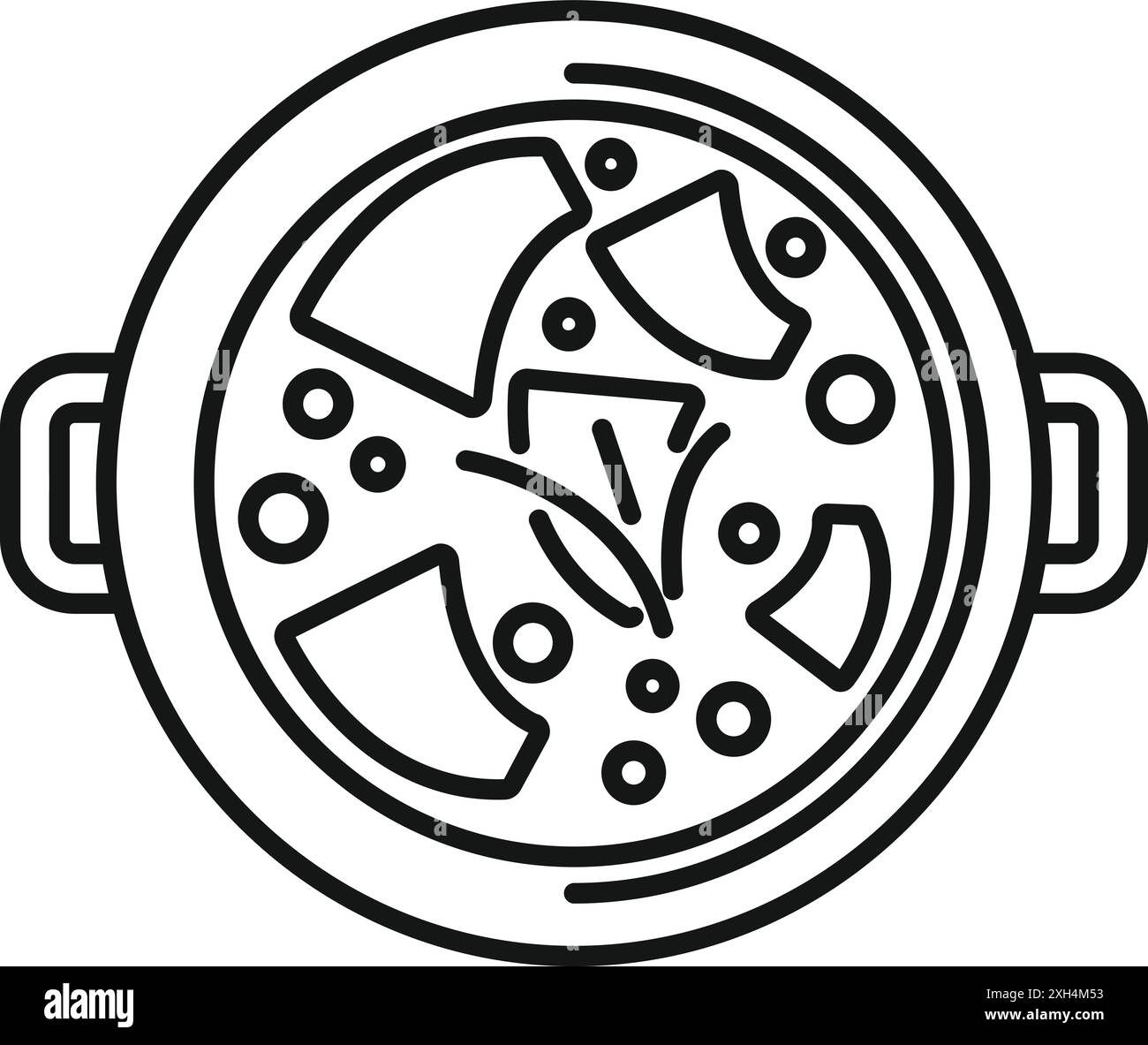 Big round pan cooking delicious soup with vegetables, top view, simple ...