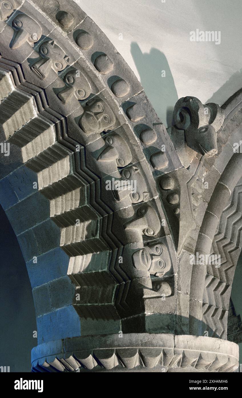 Norman arch doorway in Morwenstow church, Cornwall, England. Beak style ...