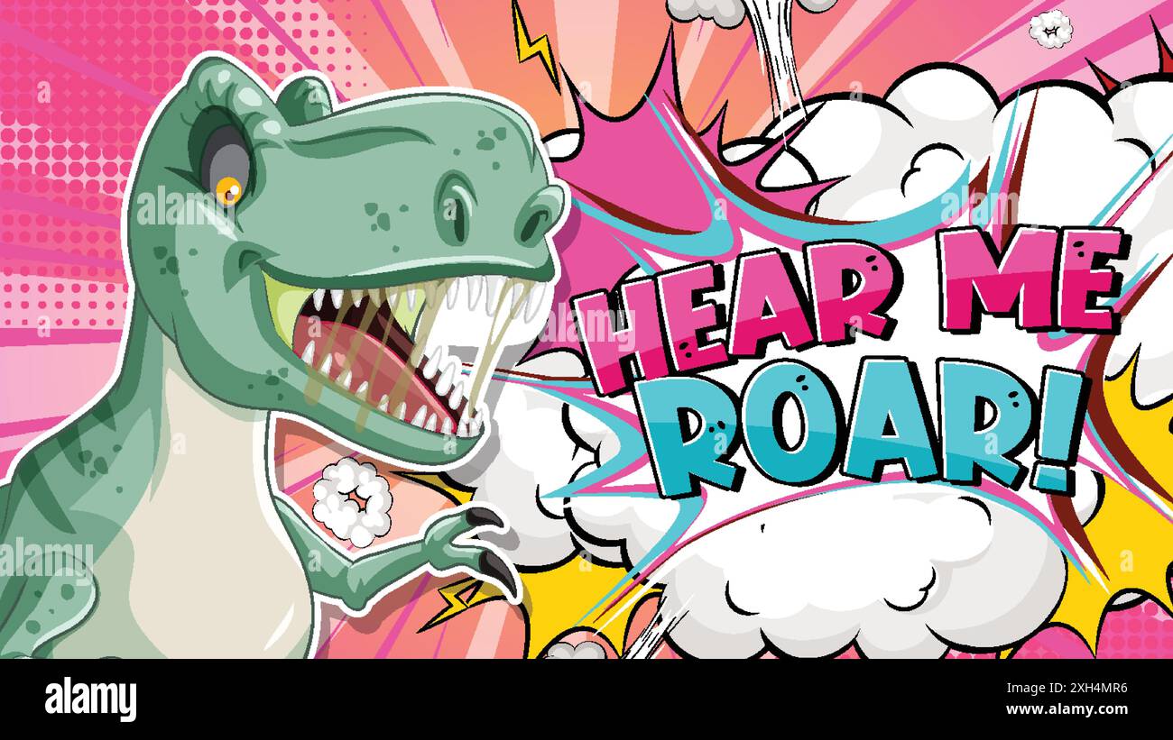 Dinosaur roaring with comic-style text and clouds Stock Vector Image ...