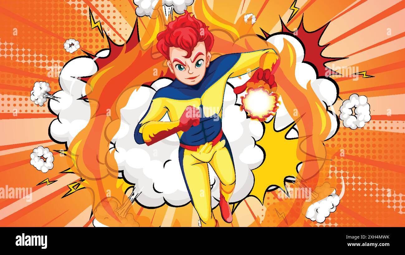 Dynamic superhero flying through explosive background Stock Vector ...