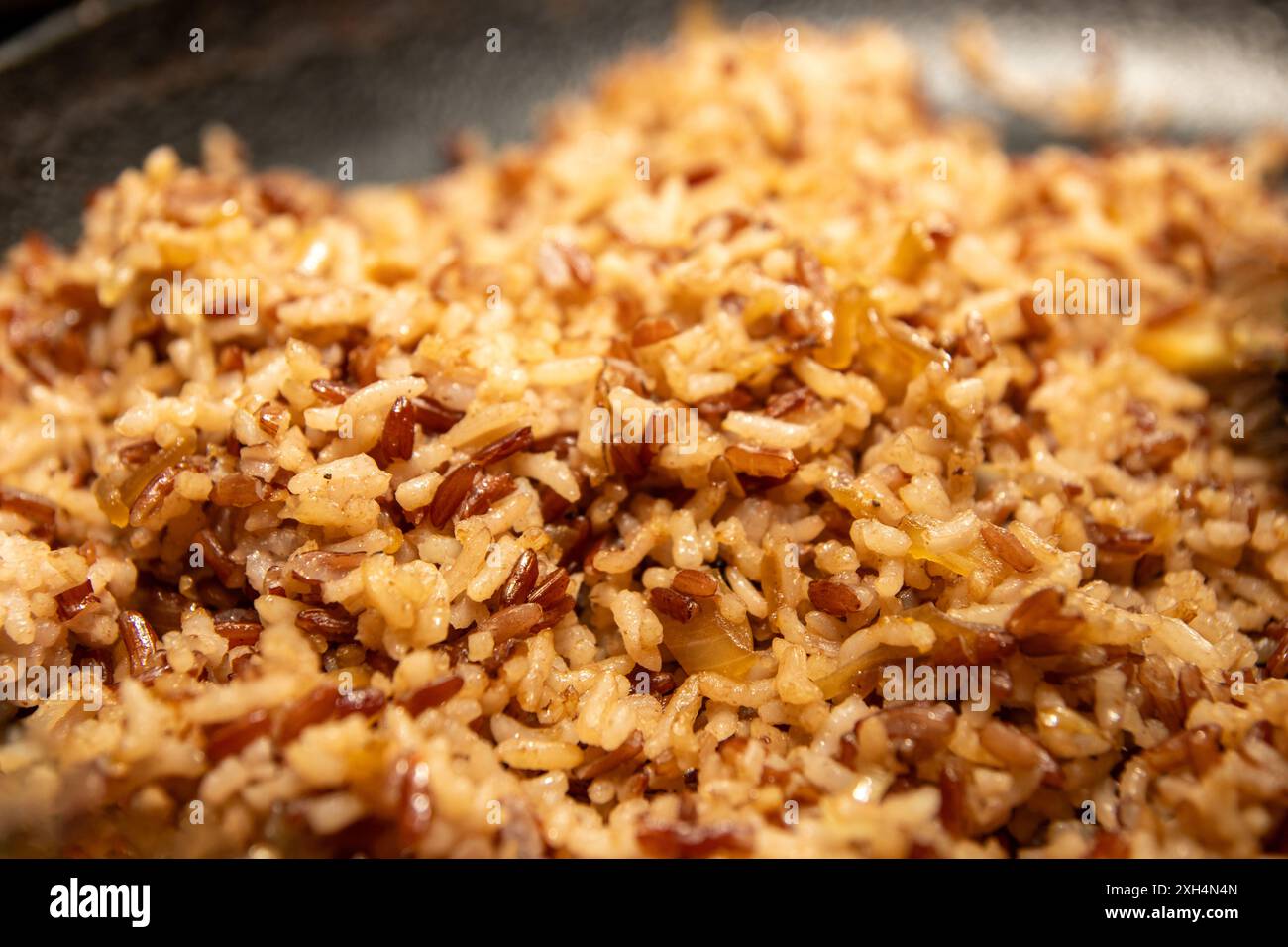 Close-up view of steaming brown rice - glossy sheen and visible grains ...