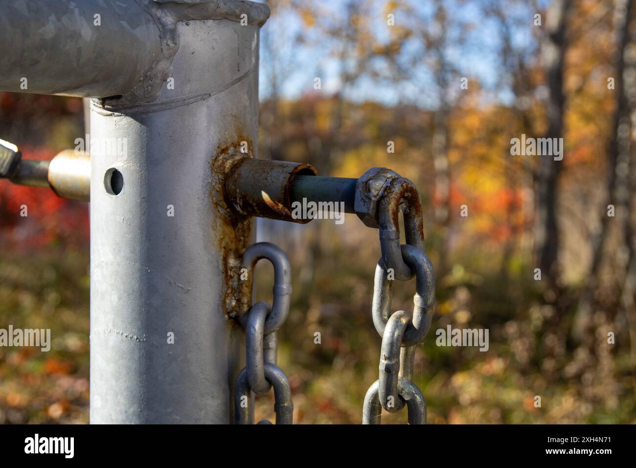 Rusty chain link attached to silver metal pole - vibrant autumn foliage ...