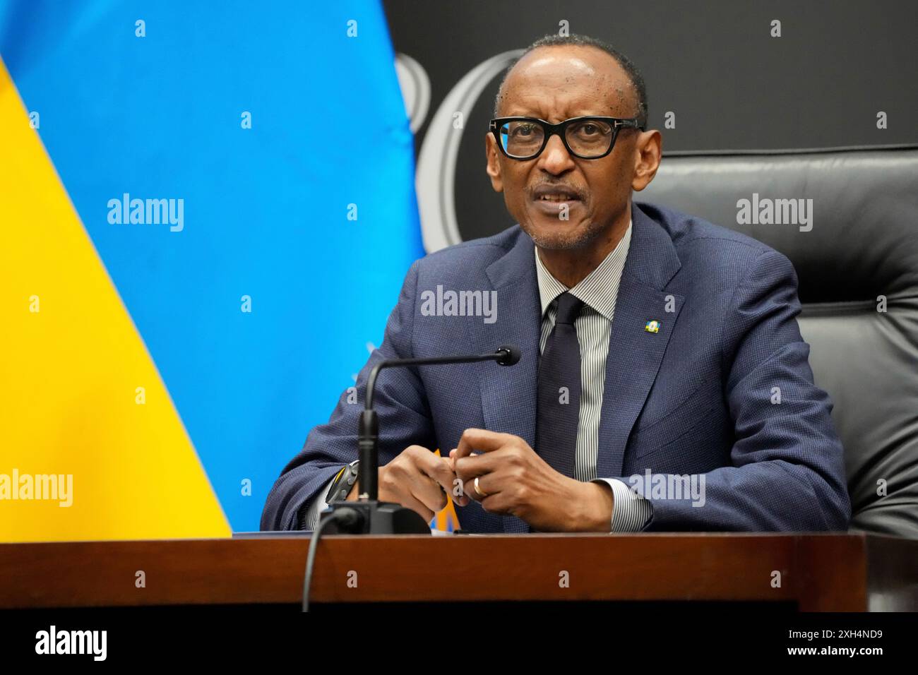 FILE - Rwanda's President Paul Kagame gives a press conference at Kigali Convention Centre in ...