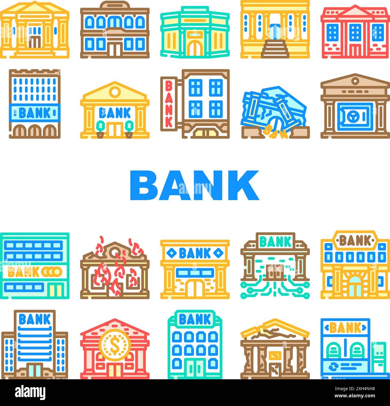 Bank building business finance icons set vector city office hi-res ...