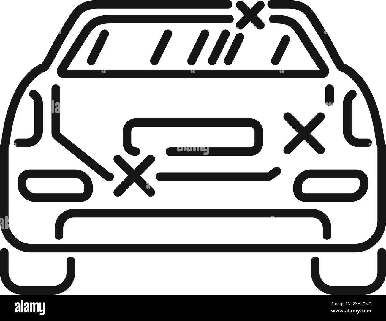 Line art icon of a car with marked dents and scratches, representing ...