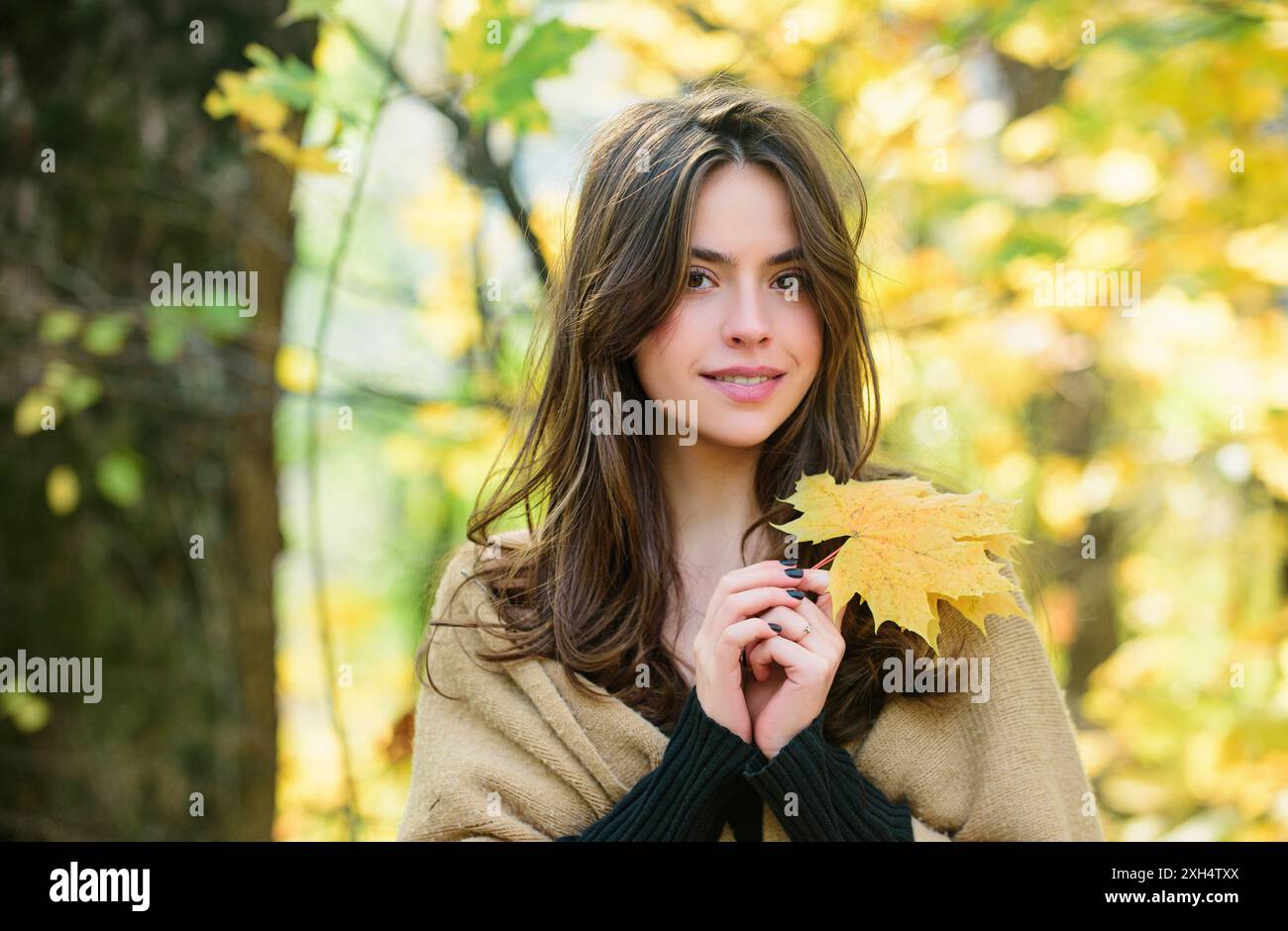 Beautiful autumn woman with leaves on fall nature background Stock ...