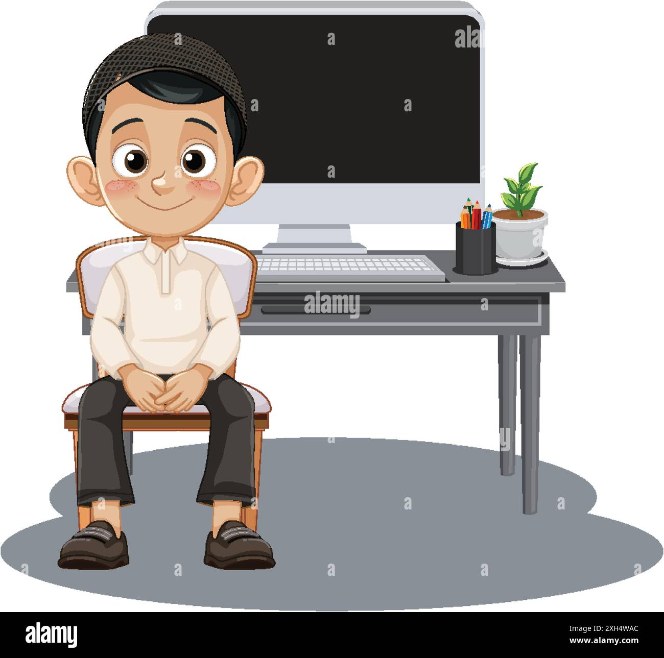 Young boy sitting in front of computer desk Stock Vector Image & Art ...