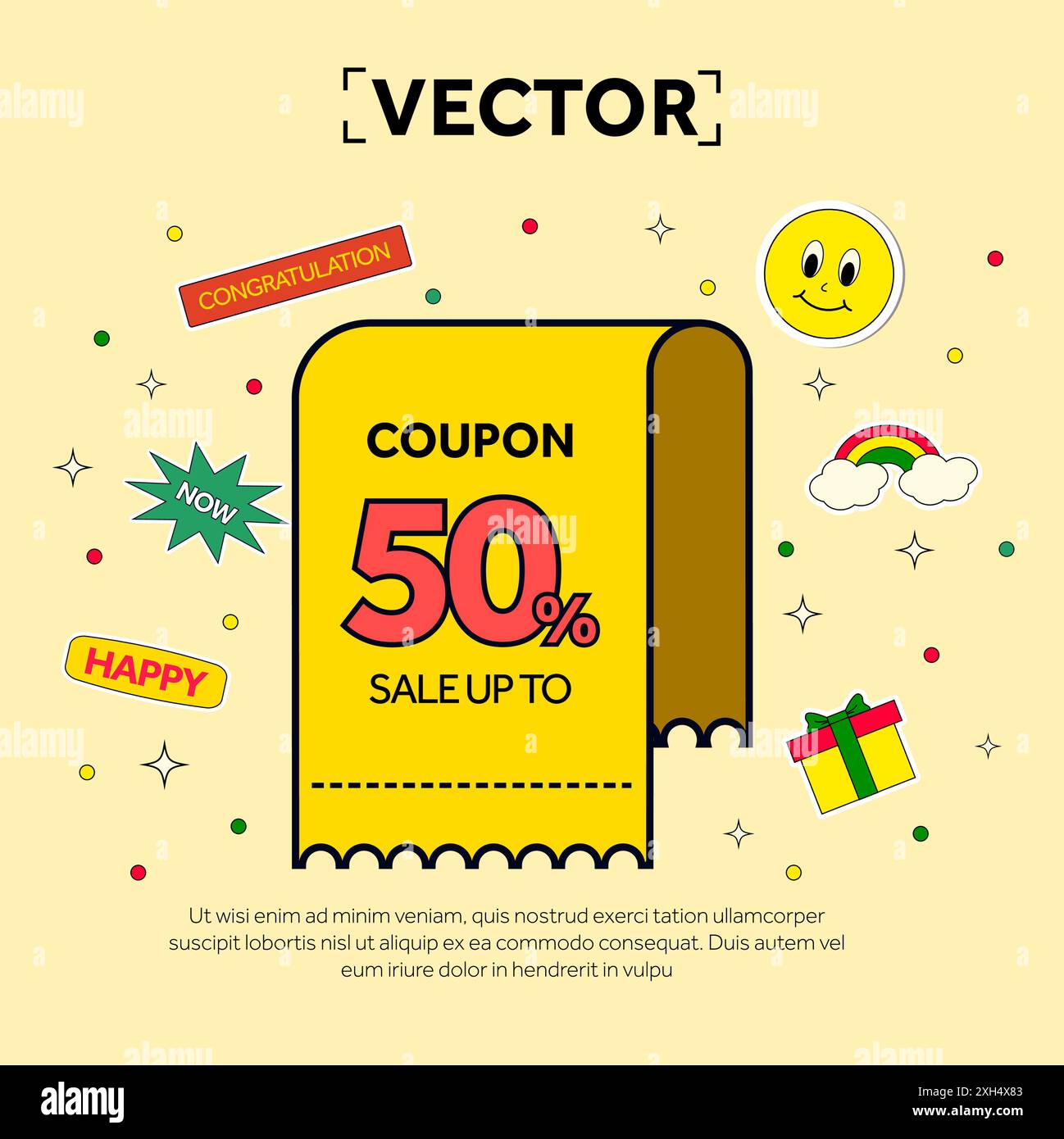 Yellow coupon with coupon code, percentage off with happy and cute ...