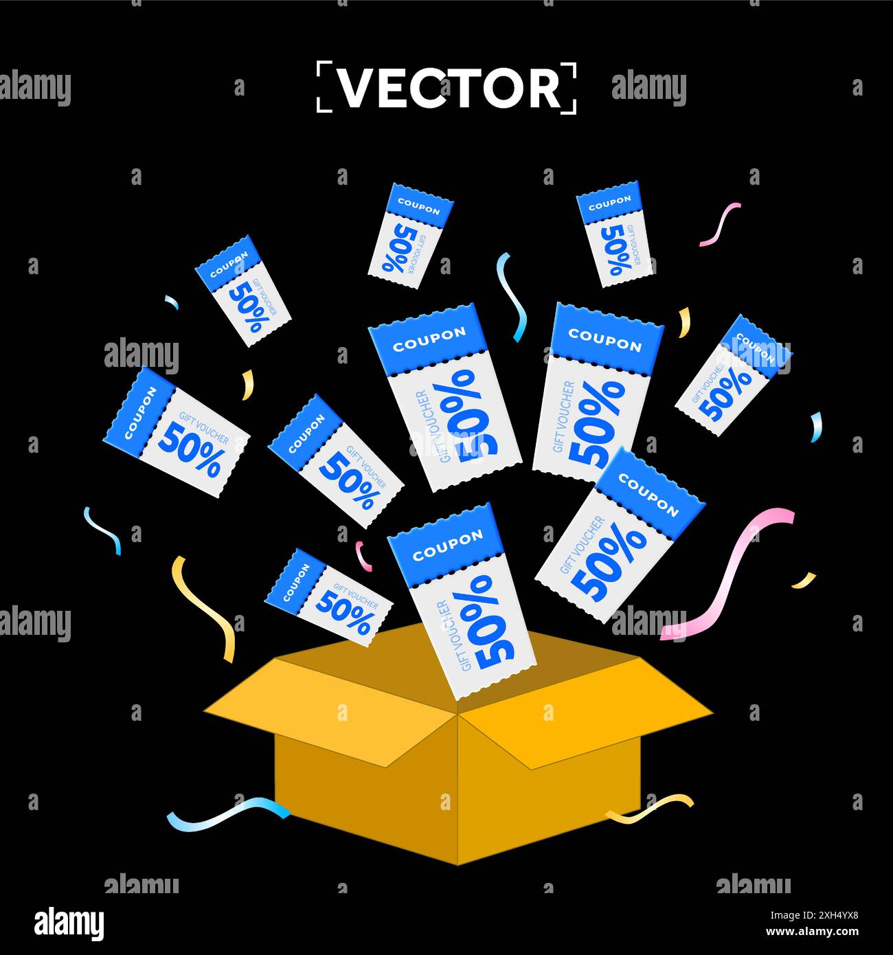 3d coupons flying up from opened box with confetti effect on dark ...