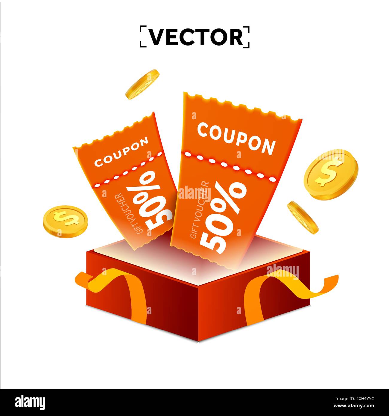 3d coupons flying up from opened gift box with ribbons a confetti ...