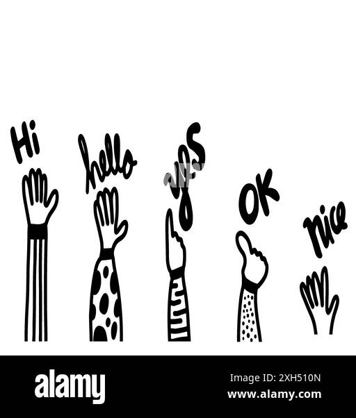 Applause hand draw on white background with hi, hello, yes, ok, nice ...