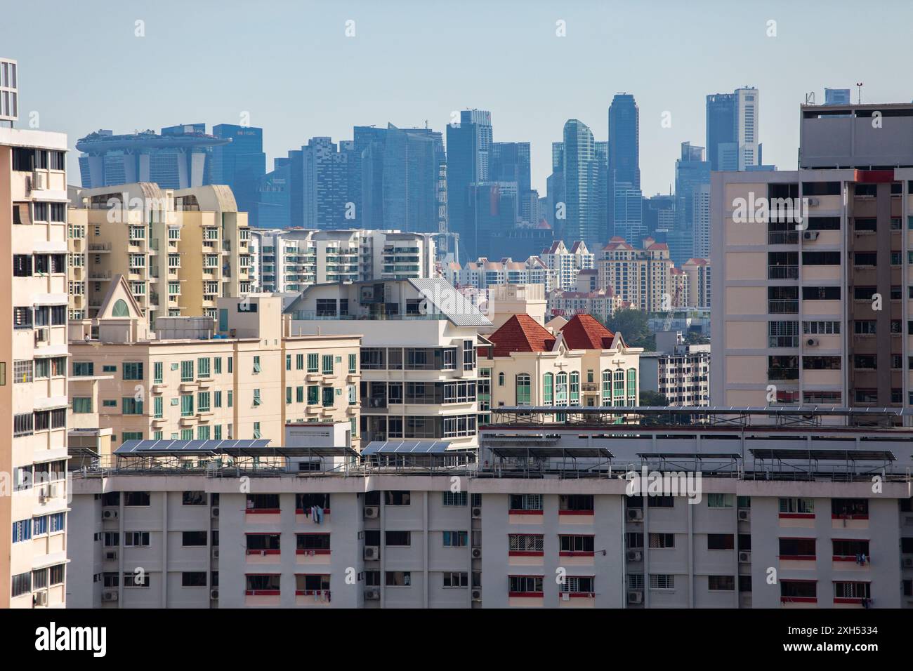 Skyline view of Singapore. A mixture of private buildings, public ...