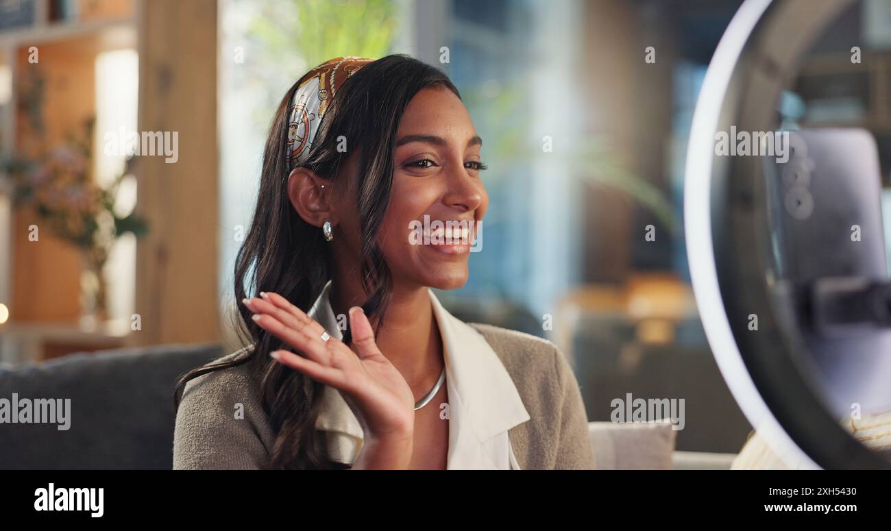 Influencer, happy and woman in home for live streaming, video recording ...