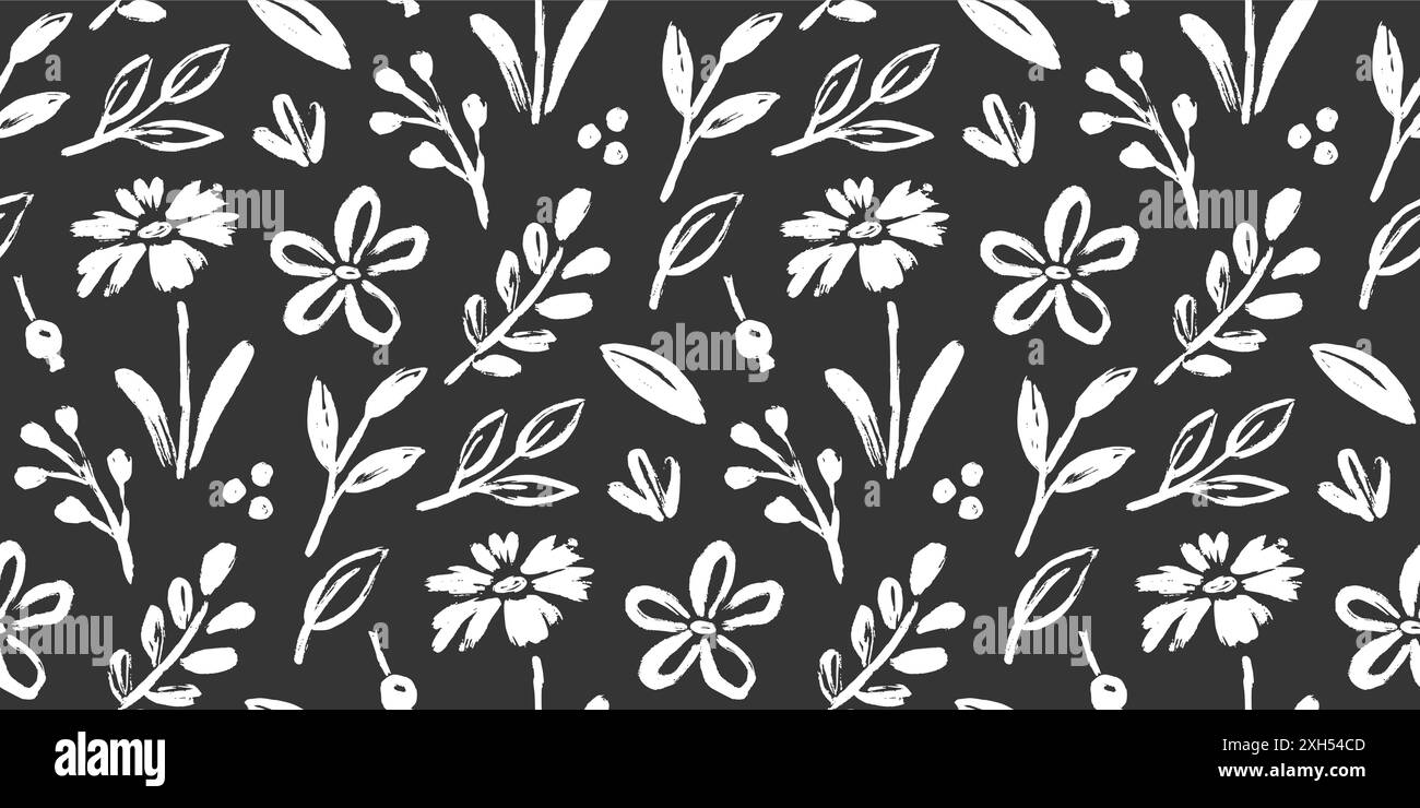 Flower brush seamless pattern. Floral abstract hand drawn brush paint ...