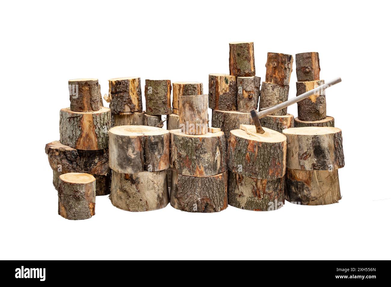 Fire wood stumps pile with a plunged axe, ready for cracking Stock ...