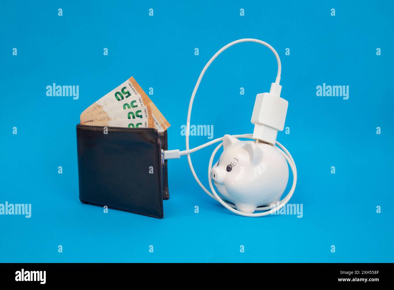 Brown leather wallet charging from a white porcelain piggy bank, with ...