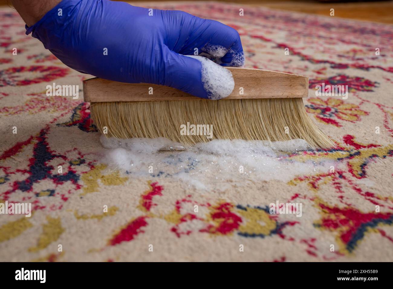 Hand with latex glove holding a brush, on a natural fiber rug with ...