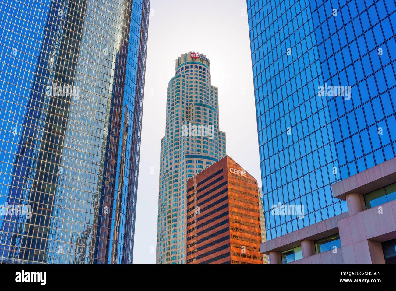 Los Angeles, California - April 10, 2024: Cluster of tall skyscrapers ...