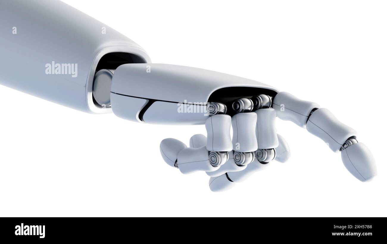A 3D rendering of a close-up view of isolated robotic hands functioning ...