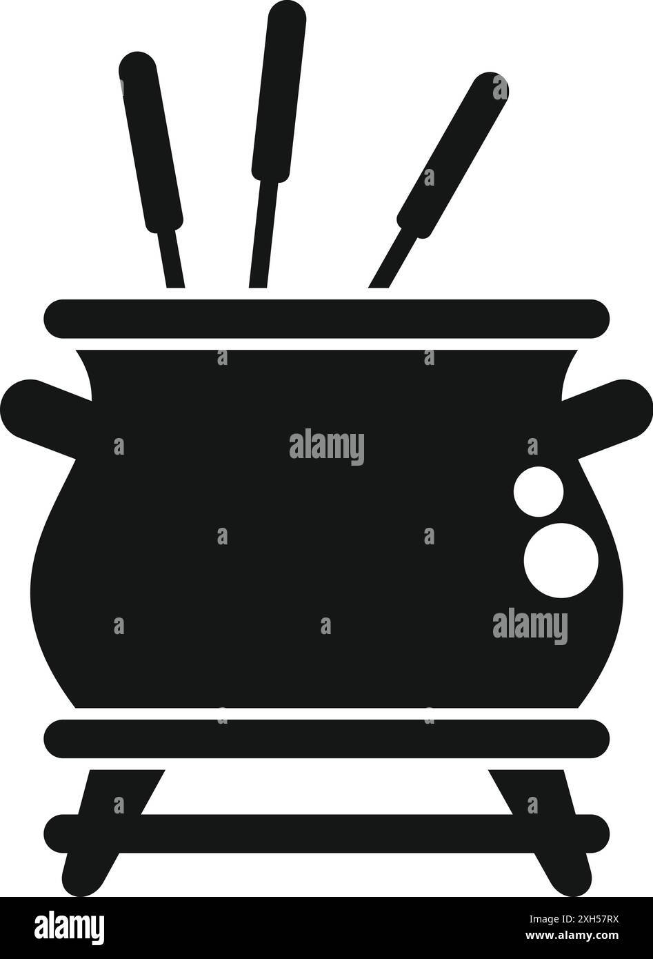 Black silhouette of a cast iron cauldron pot simmering over a fire with ...