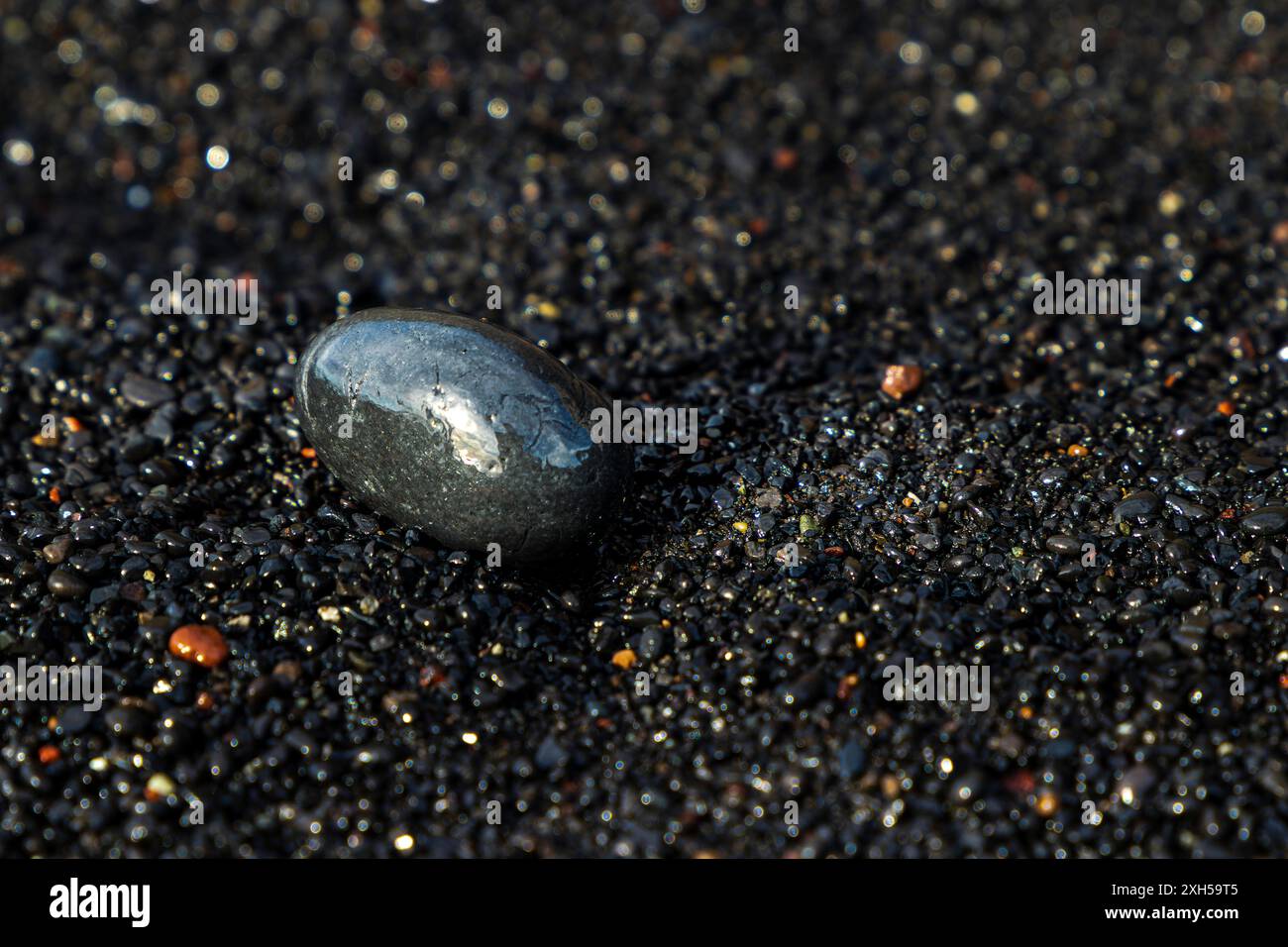 A small and wet black rock is laying on the ground of a black sanded ...
