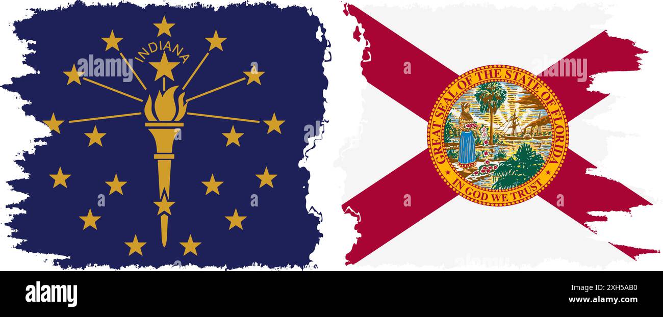 Florida and Indiana states grunge brush flags connection, vector Stock ...