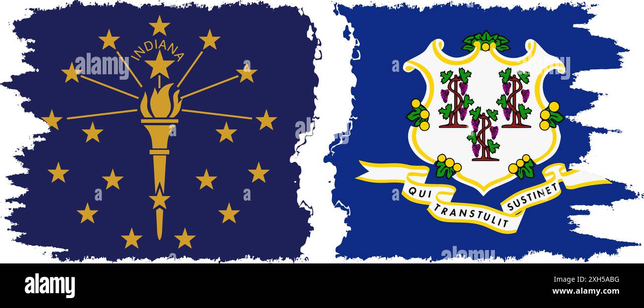 Connecticut and Indiana states grunge brush flags connection, vector ...