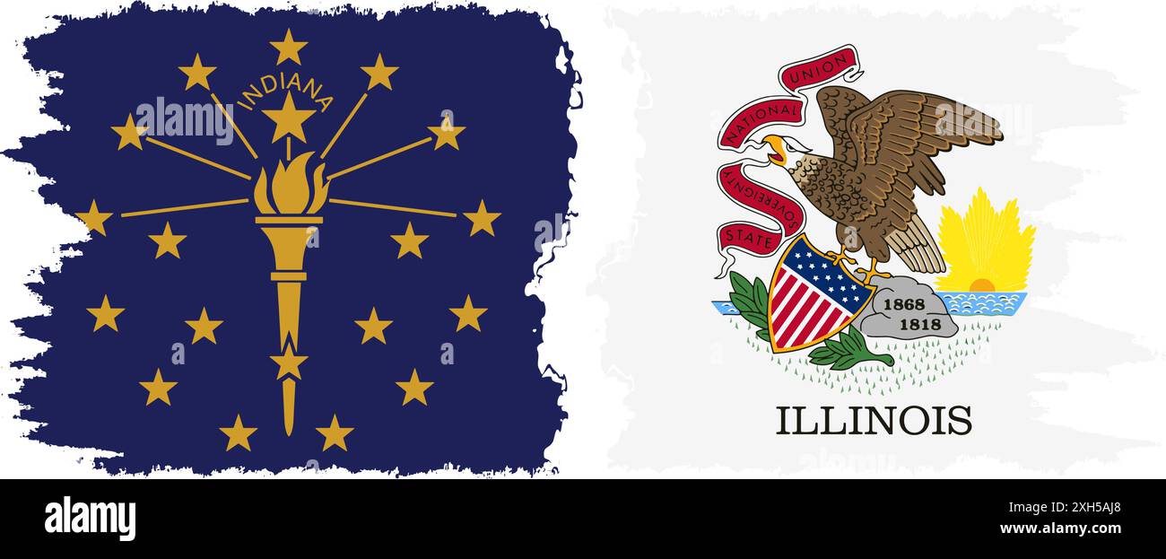Illinois and Indiana states grunge brush flags connection, vector Stock ...
