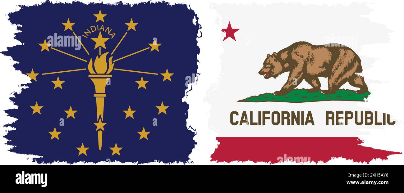 California and Indiana states grunge brush flags connection, vector ...